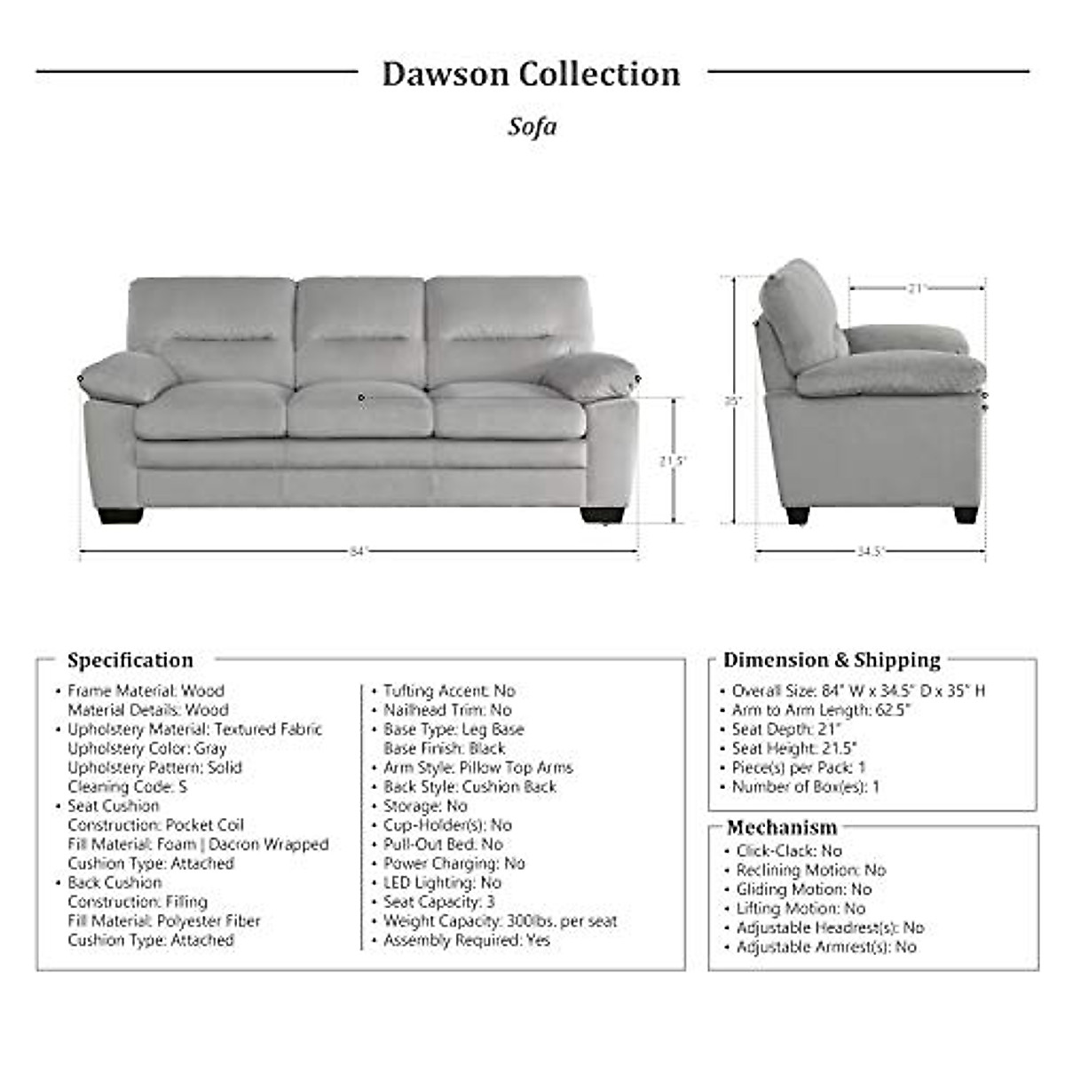 Lexicon Dawson Living Room Sofa, Gray