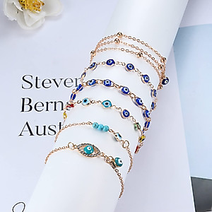 FIBO STEEL 6Pcs Evil Eye Anklets for Women Waterproof 14K Gold Plated Non Tarnish Adjustable Dainty Layered Summer Beach Jewelry Gifts