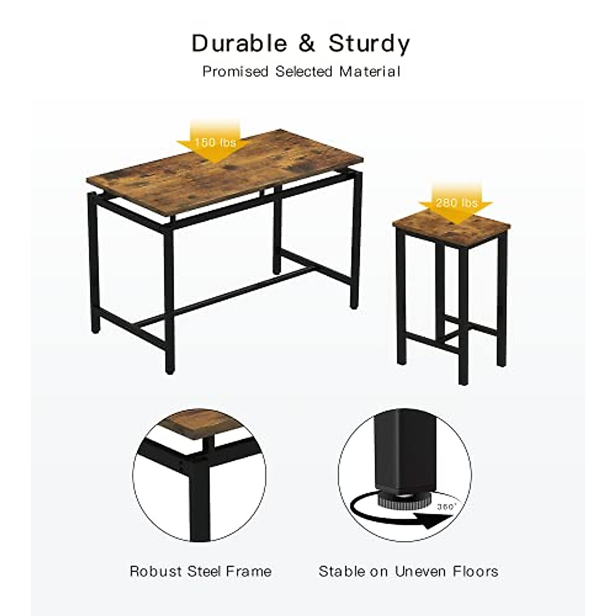 MIERES Dining Table Set for 4 - 5pcs Kitchen Counter with Bar Stools, Sturdy Metal Frame Home | Pub | Living Room | Breakfast Nook Furniture-34.7"H, Vintage Brown