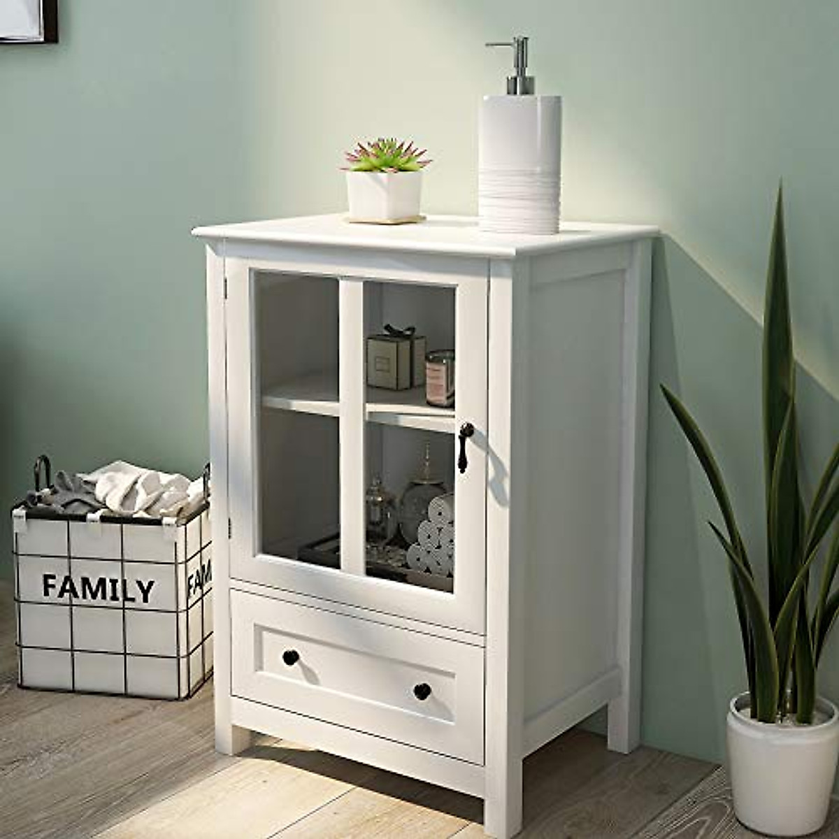 Modern Storage Cabinet with Single Glass Door, Handle and Drawer, Buffet Sideboard Console Table Side Table for Hallway Entryway Kitchen Living Room, White