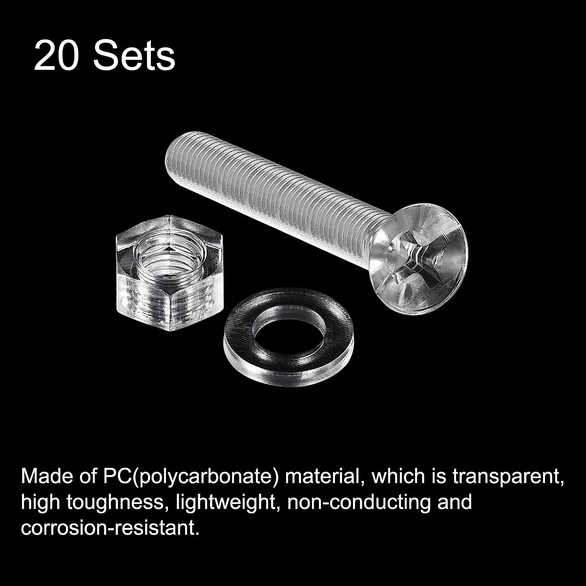 uxcell M5 x 40mm Plastic Phillips Machine Screws with Nuts and Flat Washers, PC Flat Head Machine Bolts Transparent 20 Sets