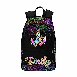 InterestPrint Custom Backpack with Name Rainbow Sparkle Personalized Name School Backpack for Boys Girls, Customized Student Bookbag for Travel, Work and School Birthday School Season Gift