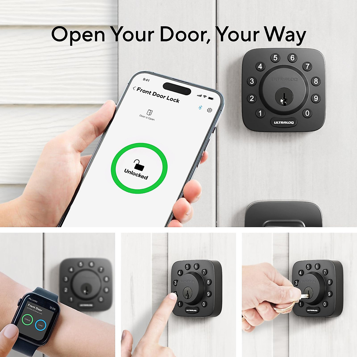 ULTRALOQ U-Bolt Smart Lock with Bridge WiFi Adaptor, 5-in-1 Keyless Entry Door Lock with WiFi, Bluetooth and Keypad, Smart Door Lock Front Door - Black