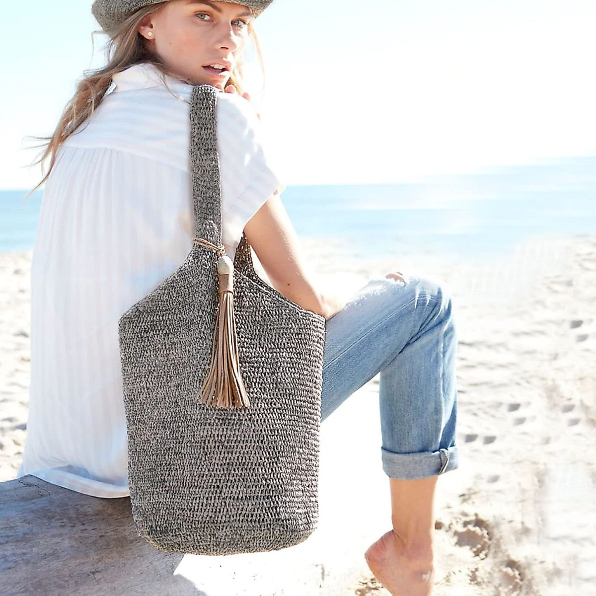 Mar Y Sol Aspen Open Weave Raffia Bucket Tote Bag, Dove Grey