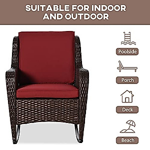Outsunny Outdoor Wicker Rocking Chair w/Wide Seat, Thickened Cushion, Rattan Rocker with Steel Frame, High Weight Capacity for Patio, Garden, Backyard, Wine Red