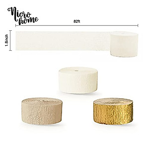 NICROHOME White and Gold Party Decorations, 6 Rolls Ivory White Light Brown Crepe Paper Streamers for New Years Eve Party Supplies 2023, Wedding, Baby Bridal Shower, Birthday, 82Ft Long
