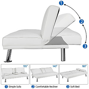 Yaheetech Modern Sofa Bed Faux Leather Sofa Convertible Folding Futon Couch with Armrest Home Recliner Home Furniture for Living Room White