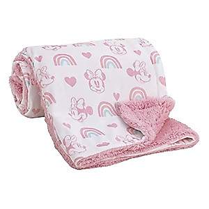 Disney Minnie Mouse White, Pink, and Aqua Rainbow and Hearts Super Soft Velboa with Sherpa Back Baby Blanket