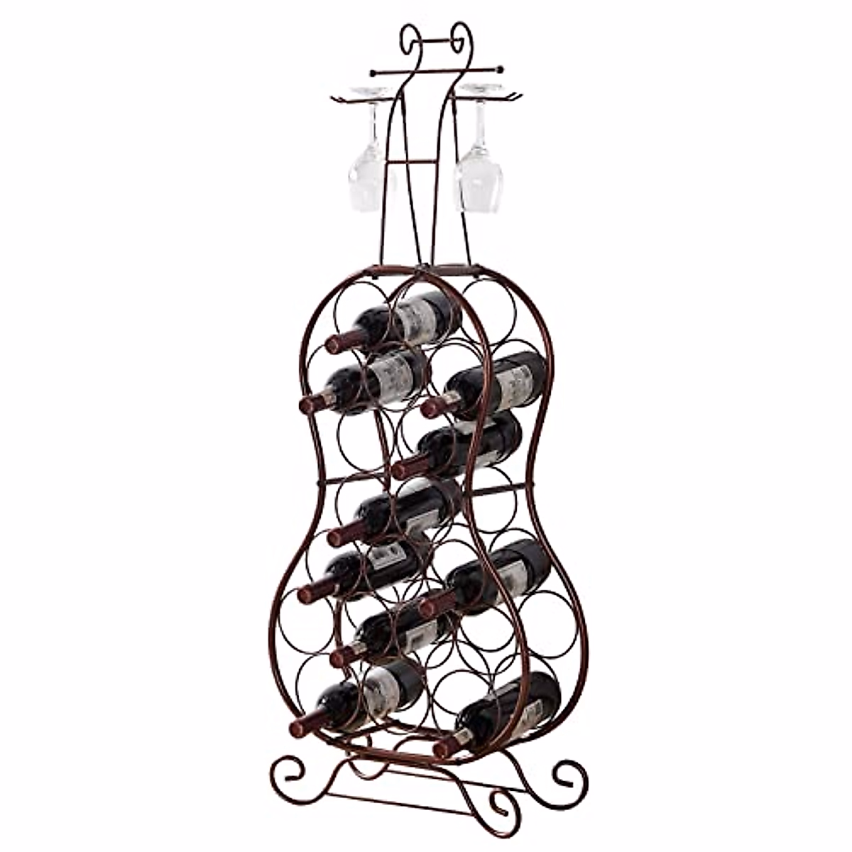 Kings Brand Furniture - Cello-Shaped Metal Standing Wine Rack, 19 Bottles with Wine Glass Holder, Bronze