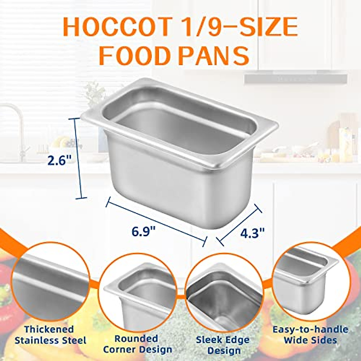 HOCCOT 1/9 Size Hotel Pan 6 Packs, 2.6" Deep 304 Stainless Steel Steam Table Pan for Chafing, Commercial Food Pan for Hotel, Buffet, Restaurant, Party, Catering Food Pan for Food Supply & Storage