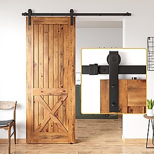 SKYSEN 6FT Sliding barn Door Hardware kit, Barn Door Track, 1/4” Thick Material- Combination Track- Smooth and Quiet- Easy to Install- Black (J Shape-5)