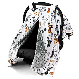Top Tots Deluxe Baby Car Seat Canopy Cover, Deer Heads, Minky Dot, Orange