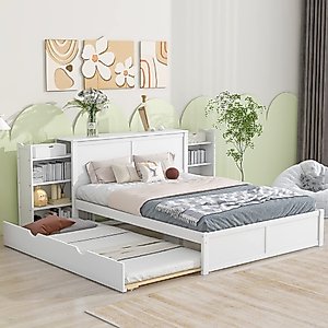 Merax Queen Size Storage Platform Bed with Pull Out Shelves and Twin Size Trundle