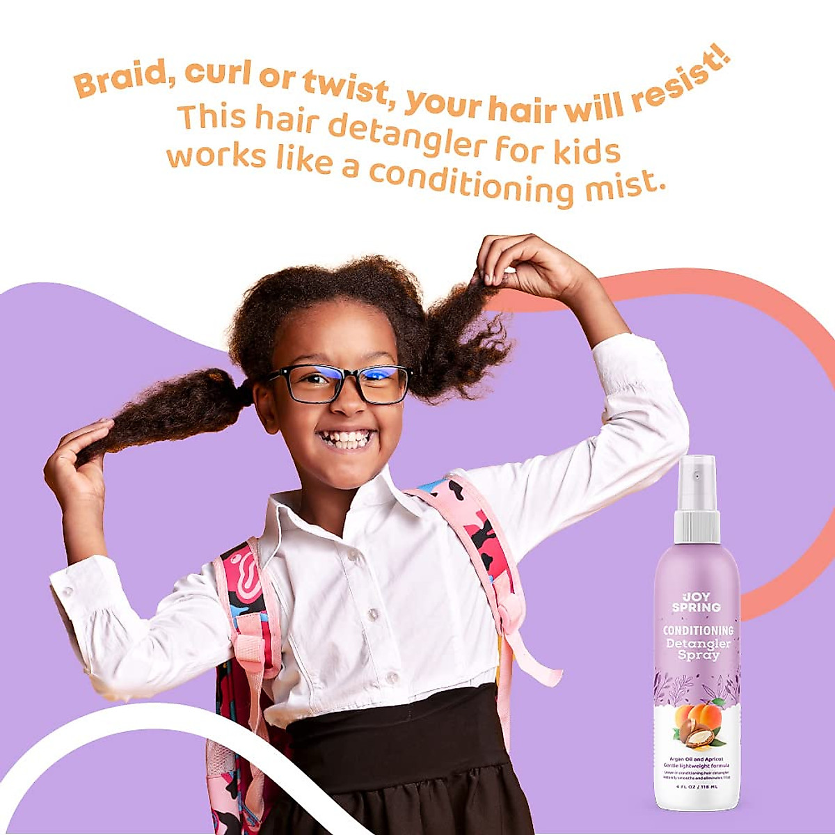 JoySpring Detangle Spray for Kids - Natural Conditioner & Detangler Spray with Argan Oil & Apricot - Curly Hair Detangling Spray (8 oz)