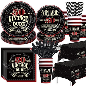 HIPVVILD Vintage 50th Birthday Decorations For Men Tableware - 1975 50th Birthday Party Supplies, Plate, Cup, Napkin, Tablecloth, Cutlery, 50 Year Old Birthday Table Decorations Dinnerware, Serves 24