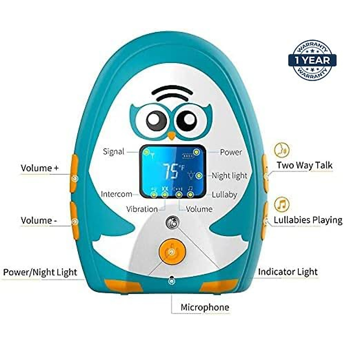 TimeFlys Audio Baby Monitor OL Portable, Two-Way Talk, Long Range up to 1000 ft, Temperature Monitoring and Warning, Lullabies, Vibration, LCD Display, 1 Adaptor 1 Set of Rechargeable Battery