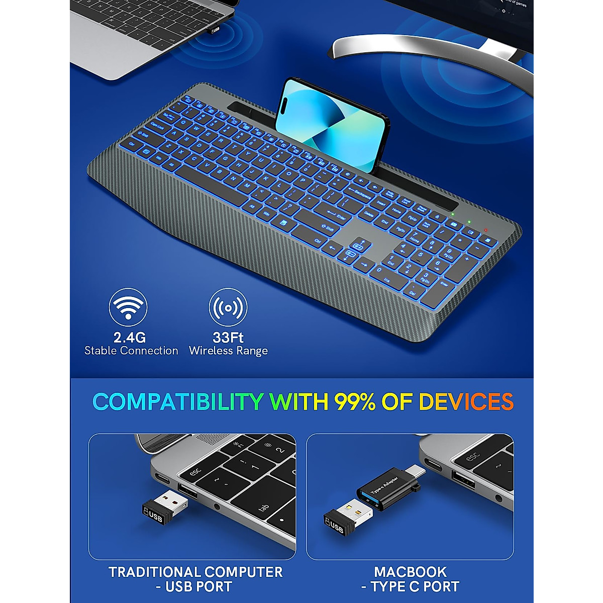 Trueque Wireless Keyboard with 7 Colored Backlits, Wrist Rest, Phone Holder, Rechargeable Ergonomic Computer Silent Keys, Full Size Lighted for Windows, MacBook, PC, Laptop (Gray), Grey