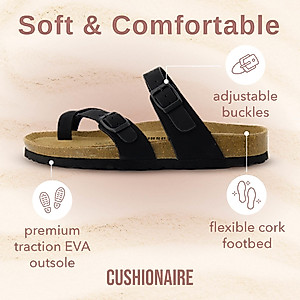 CUSHIONAIRE Luna Cork Footbed Women's Sandals - Comfortable Slip-On Slides with Adjustable Straps & Memory Foam for All-Day Wear | Beach Essential Summer Sandals for Women 2025, BLACK 9