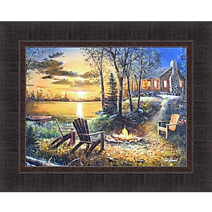 Fireside by Jim Hansel 17x21 Adirondack Chairs Camp Fire Log Cabin Sunset Lake Framed Art Print Picture