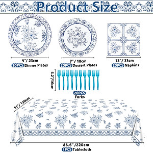 81Pcs Blue and White Flower Party Decorations, Floral Dinnerware Set, Blue and White Porcelain Plates, Napkins, Tablecloth for Bridal Birthday Baby Shower Spring Summer Tea Party Supplies, Serve 20