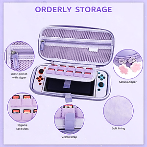 FANPL Case bundle for Nintendo Switch Accessories, Carrying Case for Switch and Joy Con Controller with Soft TPU Protective Cover and Screen protector, 4 Thumb Grips, Shoulder Strap - Purple