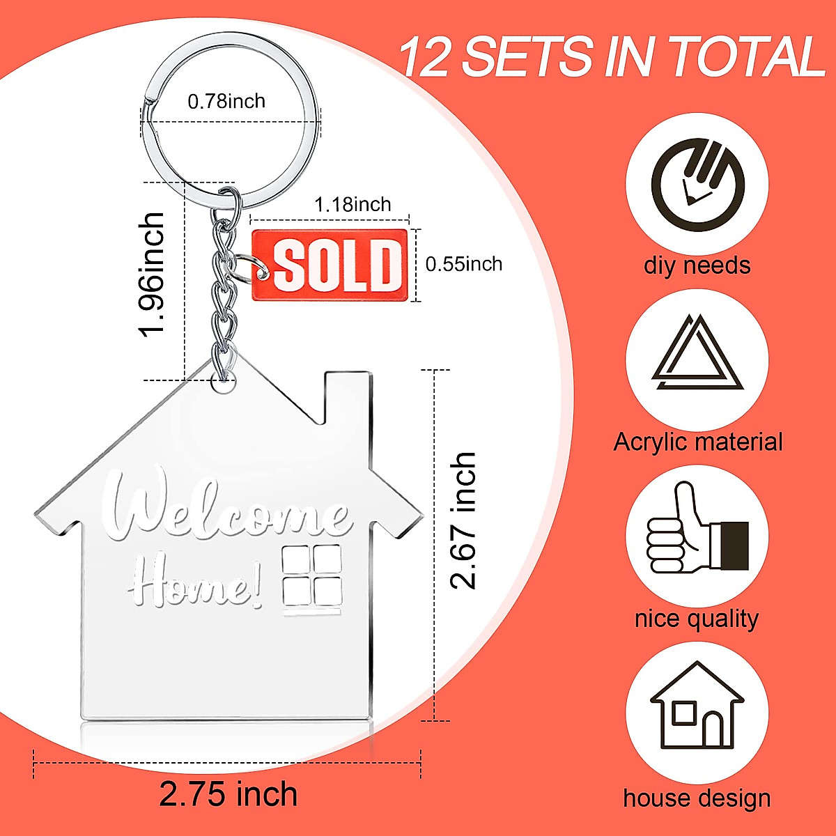Inbagi 12 Sets House Acrylic Keychain Real Estate Agent Keychain Clear Blank DIY Keychain New Home Keychain Welcome Home Housewarming Gift for Real Estate Agent Supplies, Gifts