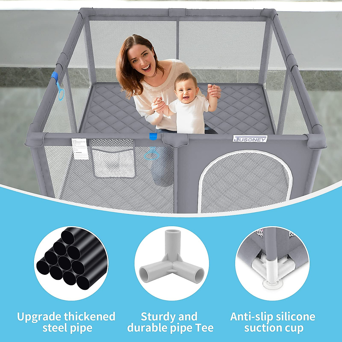 JUSONEY Baby Playard,Baby Playpen with Mat,50”×50” Baby Playpen for Toddler with Gate, Indoor & Outdoor Playard for Kids Activity Center with Anti-Slip Base,Sturdy Safety,Soft Breathable Mesh-Grey