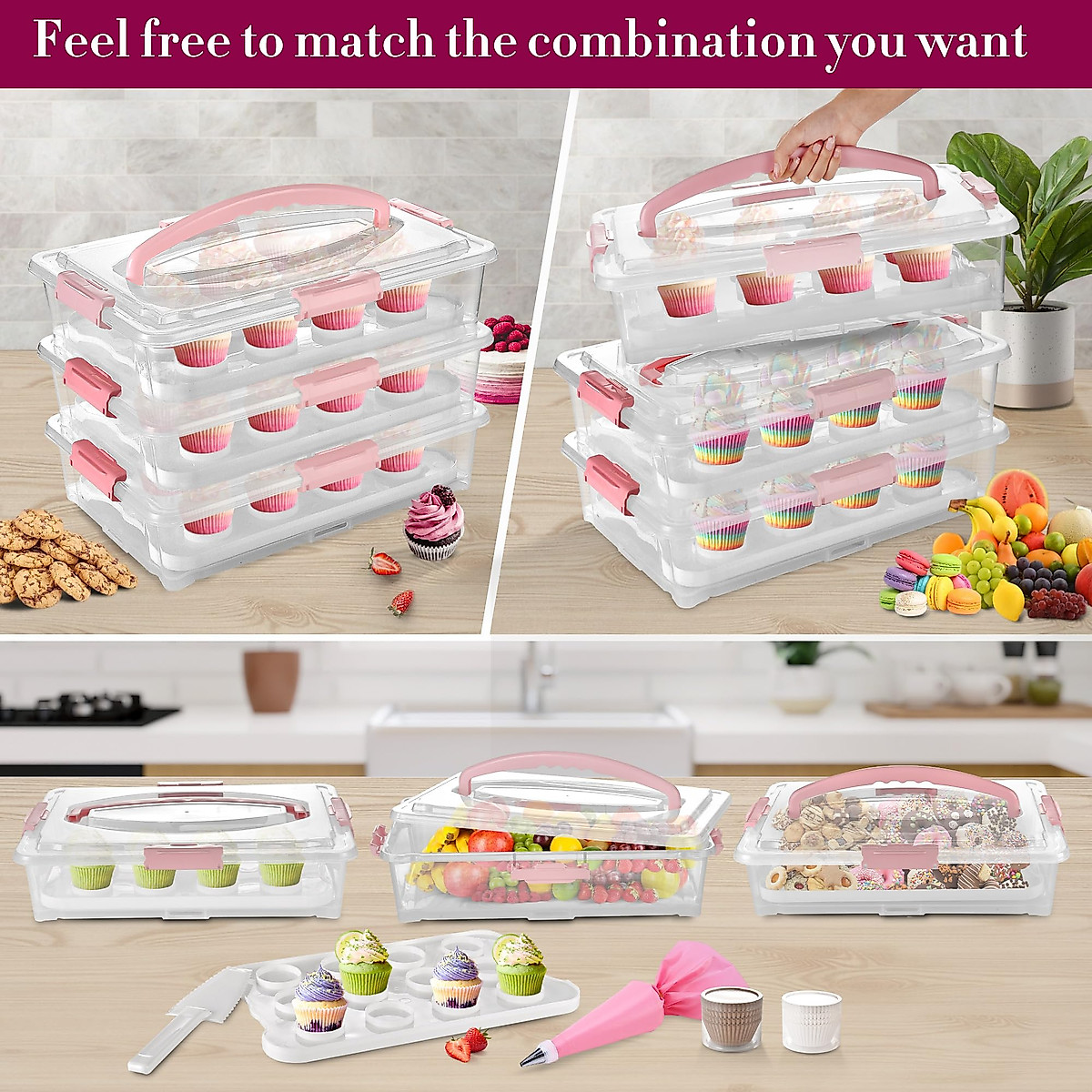 ARC 3-tiers Cupcake Carrier (Pink) - Cupcake Holder and Cake Transport Container that Holds up to 36 Cupcakes or 3 Large Cakes - BPA-Free, Great for Parties & Festivals