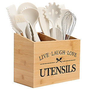 Cheweetty Wooden Utensil Holder for Kitchen Counter, Farmhouse Kitchen Decor for Flatware, 2 Compartments Rustic Utensil Organizer Silverware Organizer Utensil Caddy