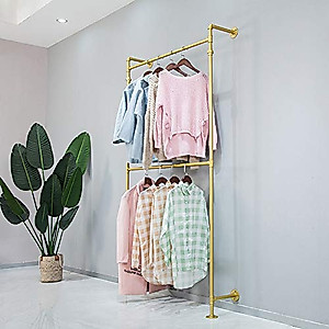 Industrial Pipe Clothes Rack, Wall Mounted Black Iron Garment Bar, Multi-Purpose Hanging Rod for Closet Storage (Gold)