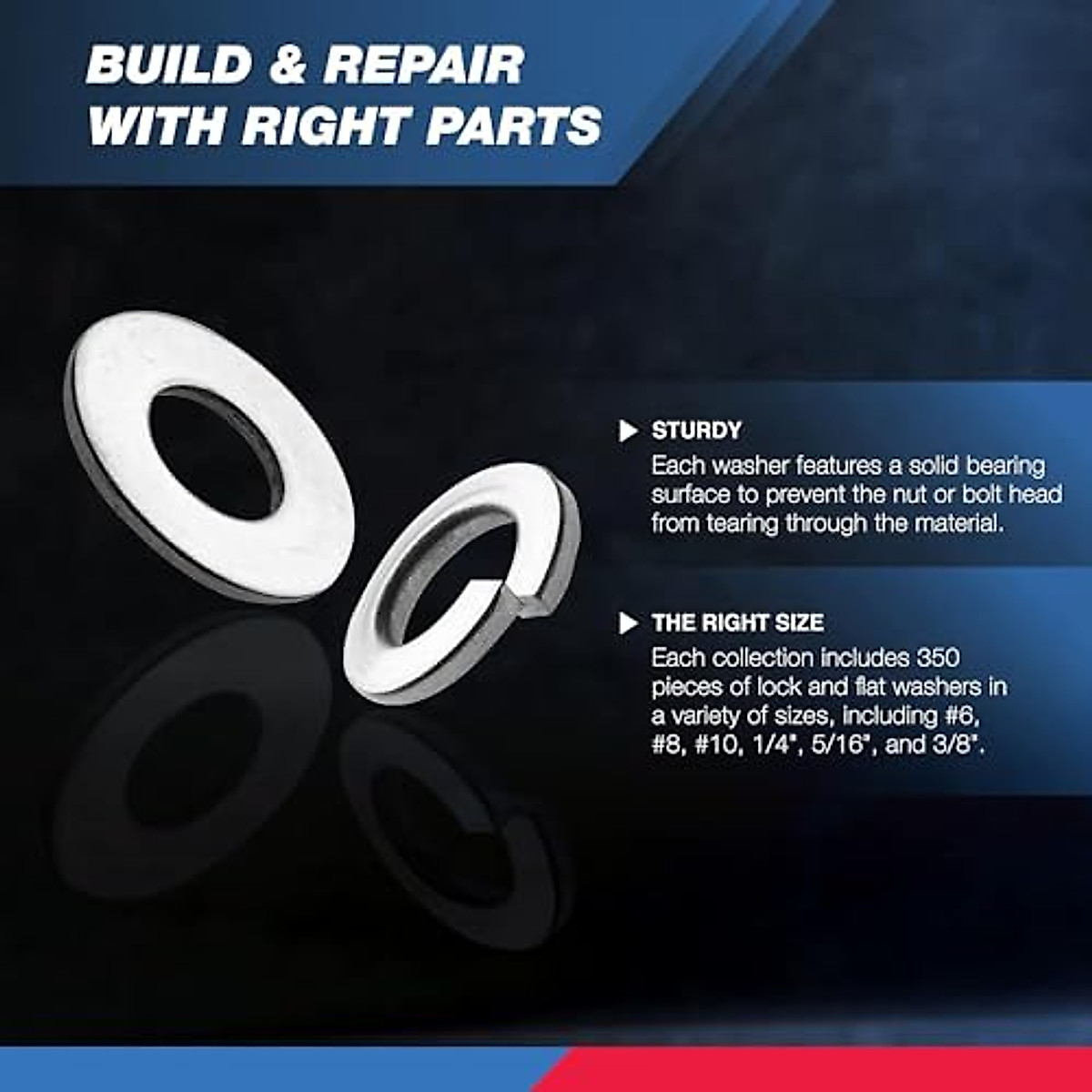 NEIKO 50400A Stainless Steel Lock and Flat Washer Assortment | 350 Piece Set | 12 Different Sizes in Spring Lock and Flat Design | Prevent Loose Fasteners