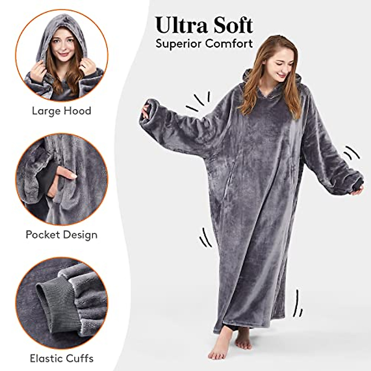Lifewit Wearable Blanket Hoodie, Warm and Cozy Hoodie with Sleeves and Pockets, Flannel Blanket Sweatshirt for Women, Men, Medium, Grey