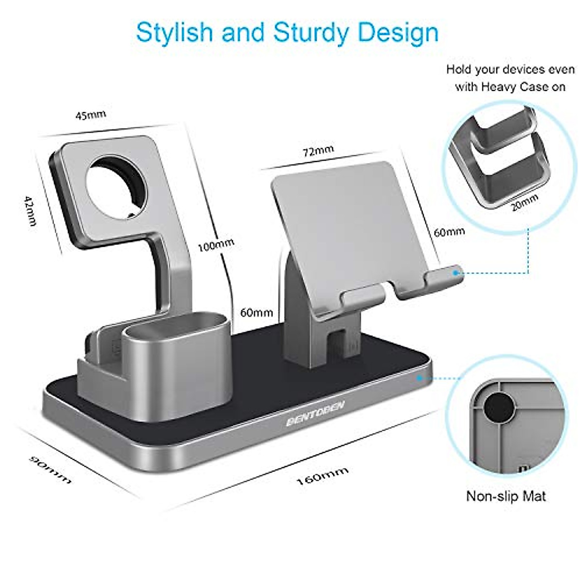 BENTOBEN Compatible with Apple Watch Stand Airpods Charger Dock Cell Phone Stand, Universal Desktop Stand Charging Station Holder for iWatch Airpods iPhone iPad Tablet Android Smartphone, Space Gray