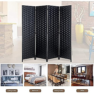Rose Home Fashion 6 ft.Tall 16in Wide Room & Wall Dividers,Double Side Woven Fiber Divider,Better Privacy Screen,Folding Partition,Space Seperate Indoor Decorative 4 Panel Screen,Freestanding- Black