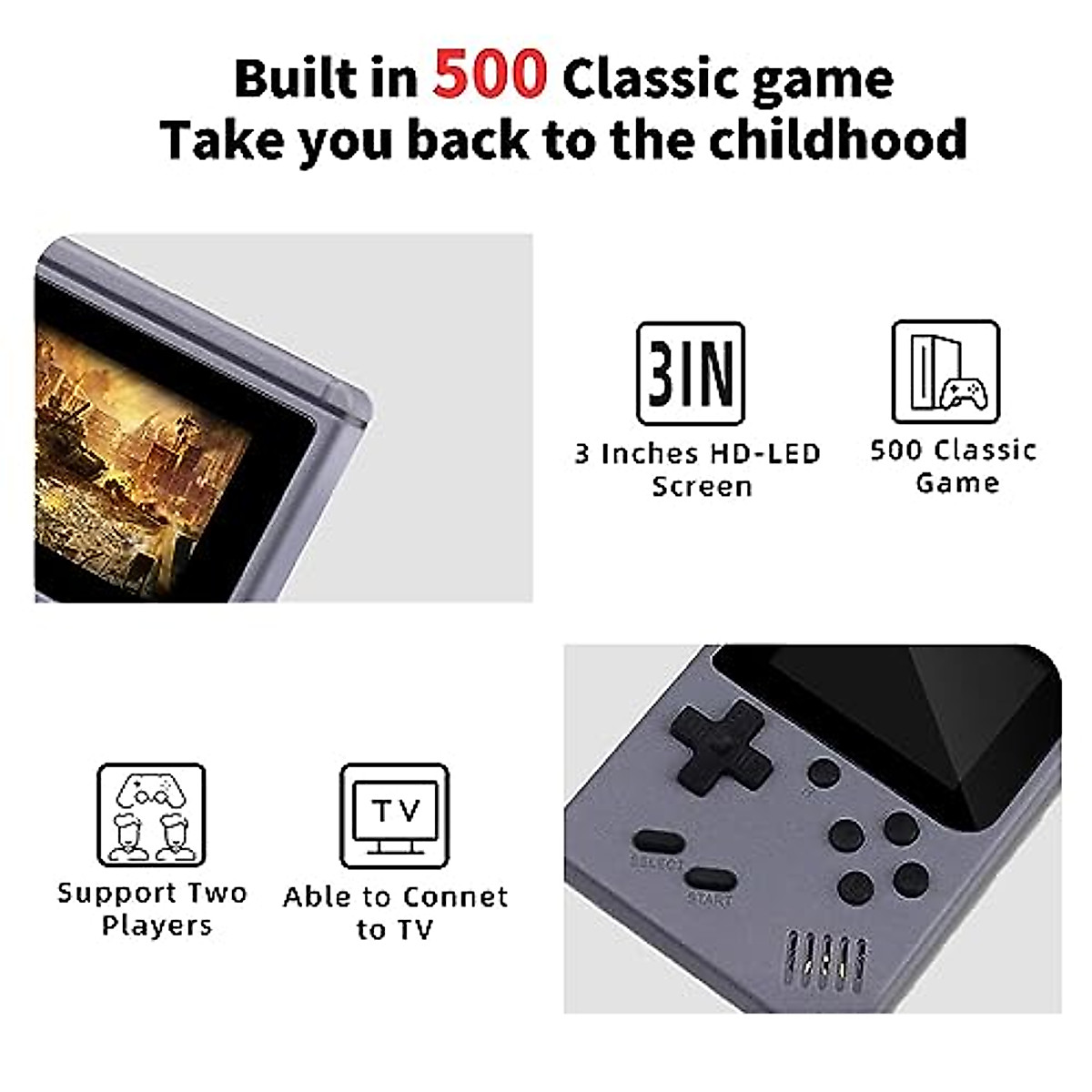 Xunsan Retro Handheld Game Console, 3 inch LCD Screen Portable Video Game Console with 500 Classic FC Games, Support TV Connection & 2 Players Battle, Gift for Kids Adults (Grey)