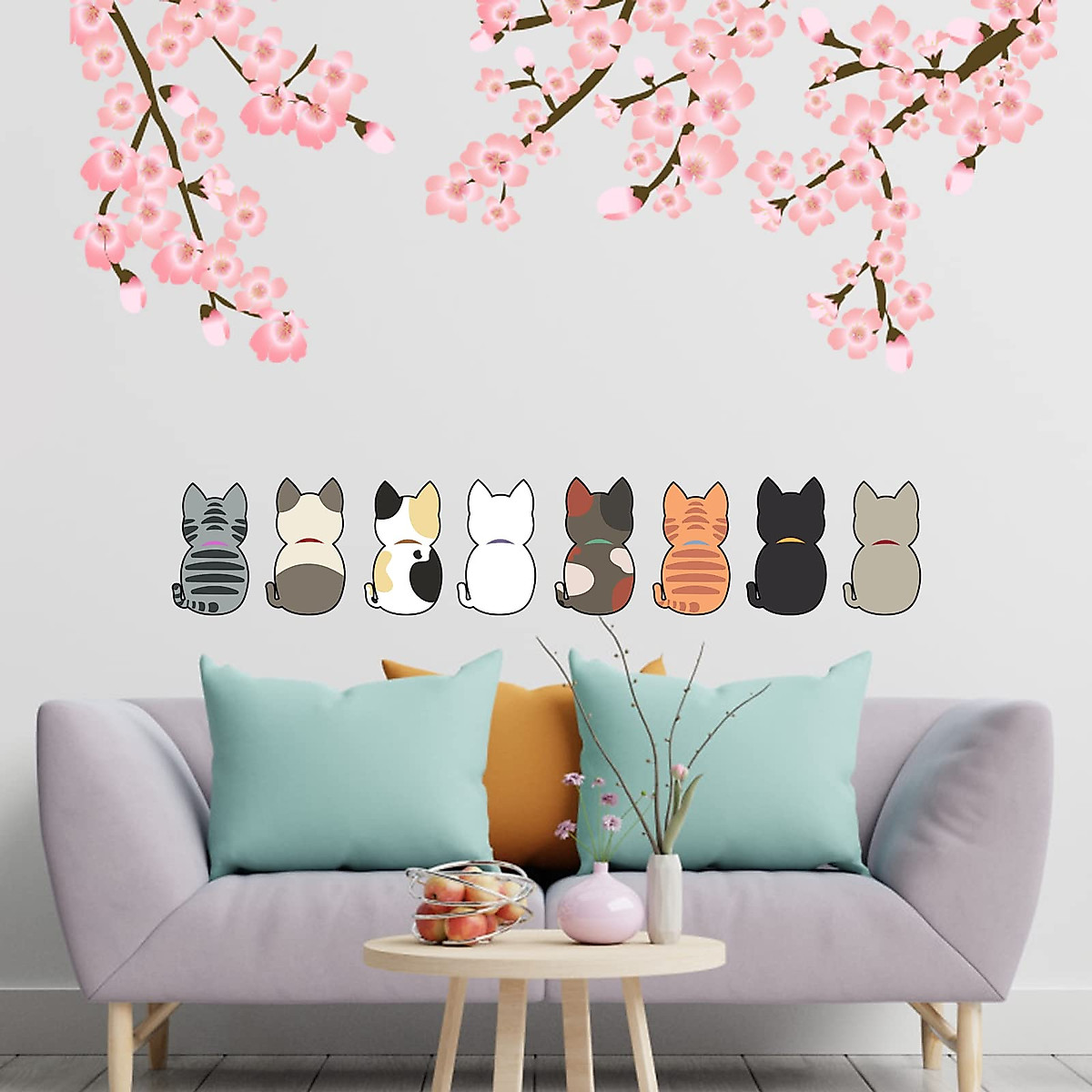 Cute Cat Wall Stickers Peel and Stick Cherry Blossom Wall Decals Kawaii Animal Nursery Wall Decor Baby Kids Bedroom Art Decoration