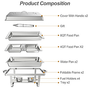 Lifezcime 2 Pack Chafing Dishes Buffet Set, 8QT Stainless Steel Chafers with Foldable Frame, Catering Food Warmers with Full Size & Half Size Pans for Weddings, Party, Banquet