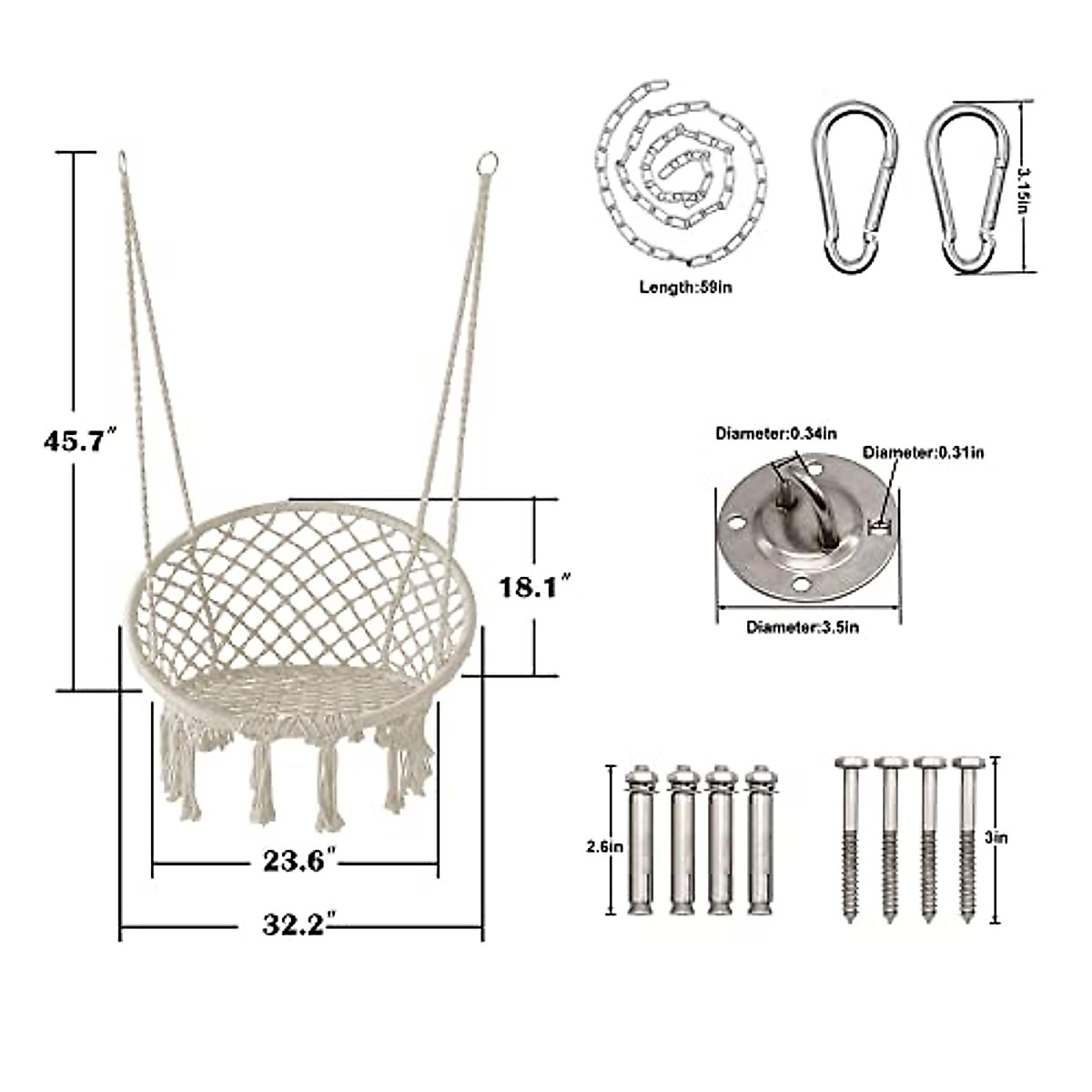 LAZZO Hammock Chair with Hanging Kit and Chain, Cotton Rope Macrame Swing, 260Pounds Capacity, 20" Width, for Indoor, Garden, Patio, Yard (Beige)