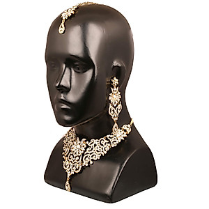 Touchstone Indian jewelry sets for women bollywood gold wedding bridal necklace desi earrings formal fancy rhinestone india designer jewellery punjabi white kundan tikka set in antique gold tone.