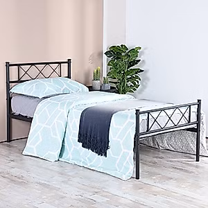 SimLife Metal Platform Bed Frame with Two Headboards Mattress Foundation/Slat Support/No Box Spring Needed, Twin Black