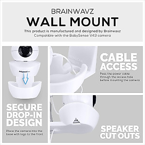 BRAINWAVZ Wall Mount for BabySense V43 Baby Monitor Camera - Adhesive Holder, Easy to Install, No Tools Needed, No Mess, No Drilling, Strong Mount, White