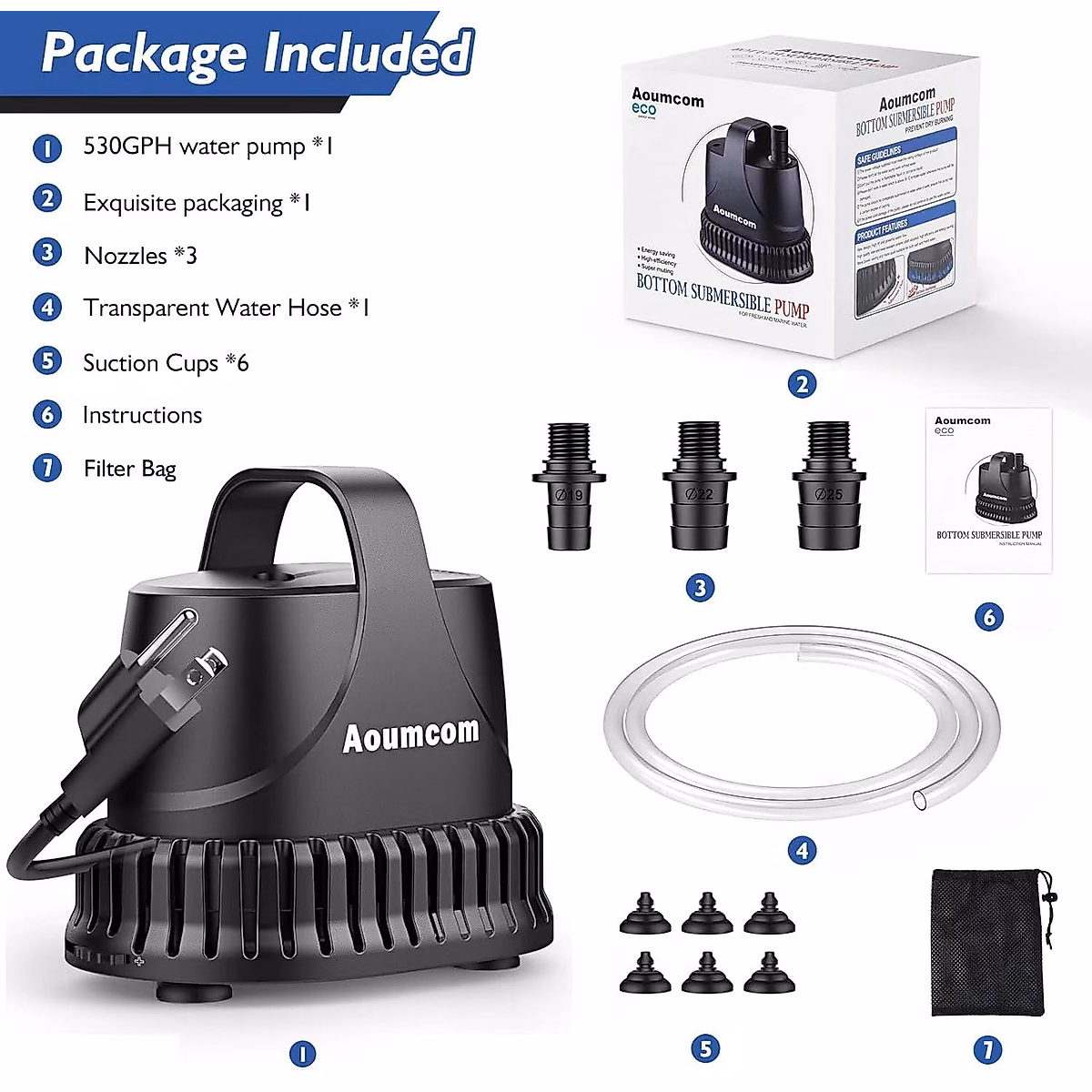 800GPH Submersible Water Pump, 40W Fountain Pump, Sump Pump, Pond Pump, 3000L/H Water Pump with 7ft Power Cord for Aquarium, Water Table, Waterfall, Fish Tank, Hydroponics