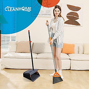 CLEANHOME Heavy Duty Broom with Dustpan Combo Set Indoor and Outdoor Dual Purpose,Stiff Bristle Commercial Angle Broom and Standing Dust Pans with Long Handle for Sweeping Home,Kitchen,Yard,Grey