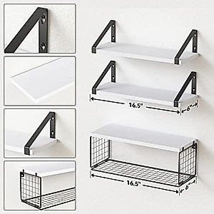 DOLLFIO Floating Shelves for Bathroom with Basket, Wooden Wall Shelves, Floating Shelves for Wall Décor, Wall Mounted Floating Shelf for Bathroom, Floating Shelf for Wall, Bedroom, Living Room–White