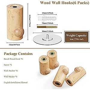 FDNVKTT Natural Wood Wall Hooks - 6 Packs - Adhesive Wooden Coat Hook Pegs - Modern Wood Pegs for Hanging - Decorative Wooden Pegs for Hanging Towel, Hat, Purse, Plant (Beech Wood)