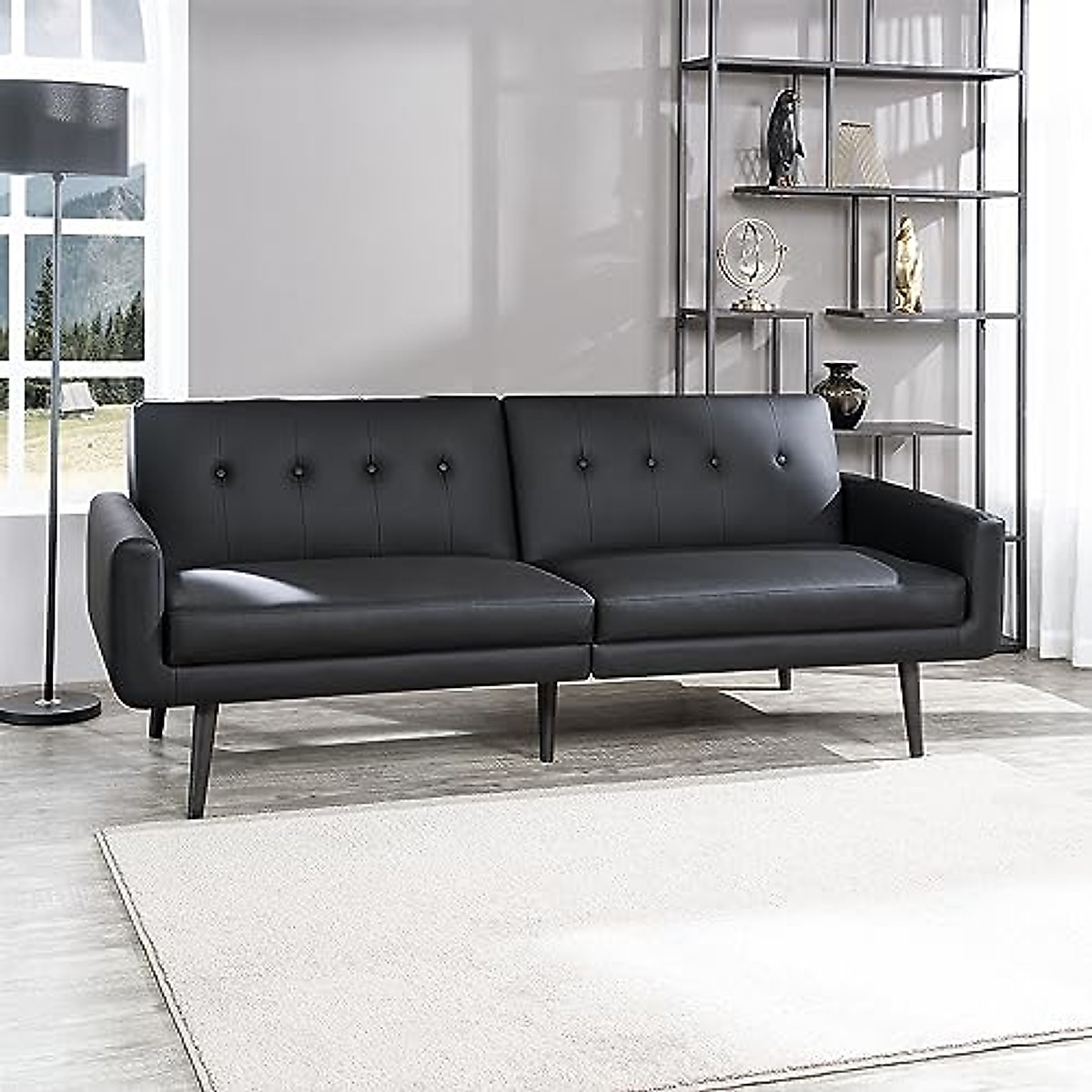 Naomi Home Monica Leather Futon Sofa, Convertible Couch Bed, Split Back Premium Faux Leather Sleeper Couch Sofa for Living Room, Mid Century Modern Fold Out Couch Bed with Tapered Legs Black
