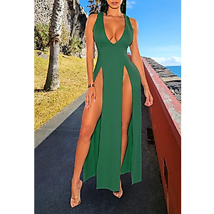 Sexy Maxi Dress for Women Sleeveless Front High Split Deep V Neck Party Long Bodycon Tank Dress