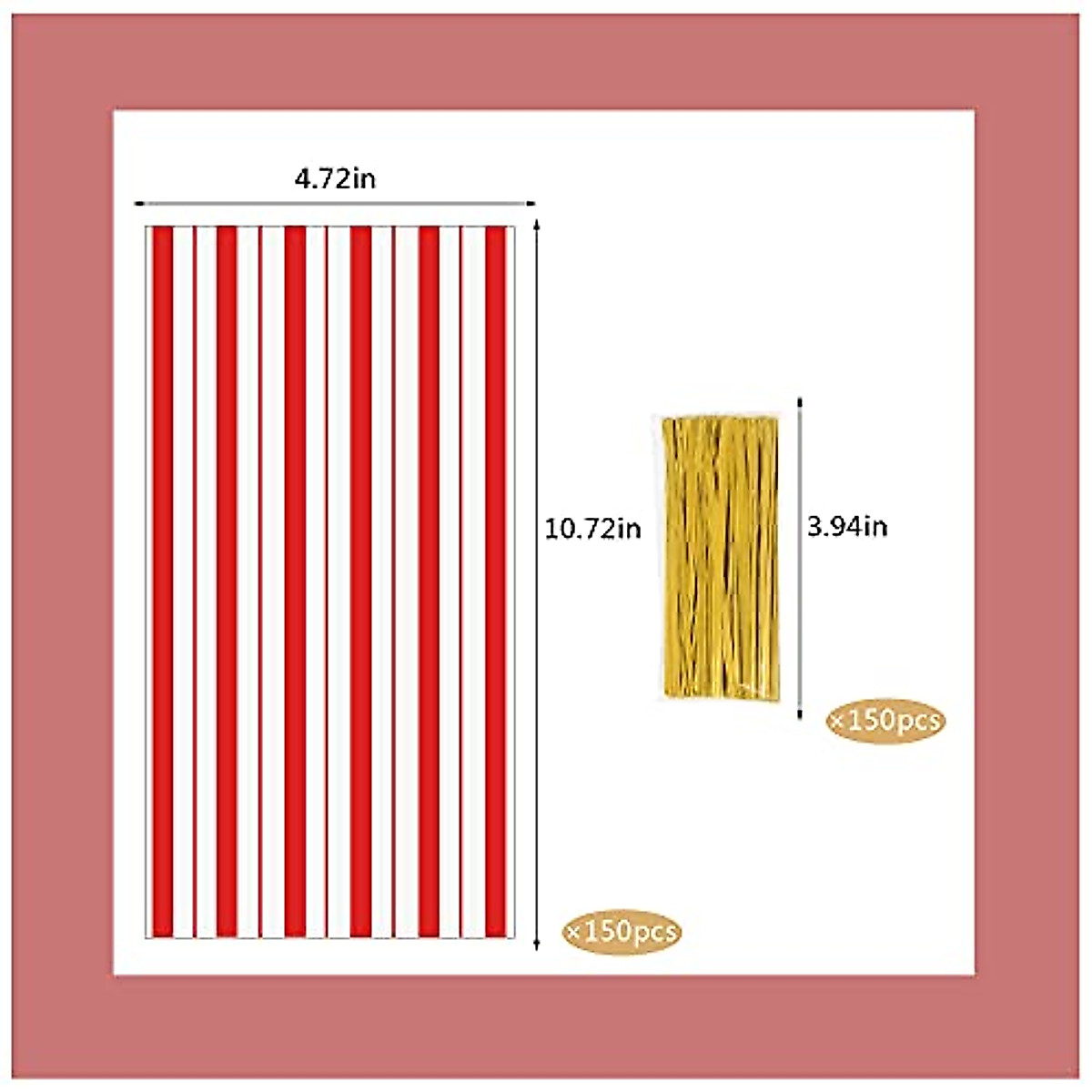 TOSPARTY 150 PCS Clear Plastic Cellophane Treat Bags Red and White Stripe Printed Clear Circus Carnival Party Cookie Candy Goody Bags for Birthday Carnival Party Cookie Candy Treat Favor