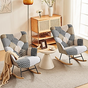 Fahomiss Nursery Rocking Chair - Accent Rocking Chair for Nursery, 330lbs Weight Capacity Glider Rocking Chair Upholstered with Patchwork Linen Fabric for Living Room Bedroom(x1, Elegant Grey)