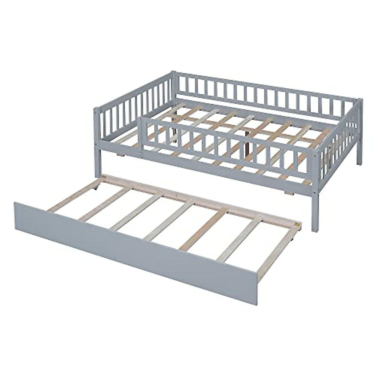 P PURLOVE Full Daybed with Trundle, Daybed Frame with Fence Guardrails, Wood Daybed for Boys, Girls and Young Teens, No Box Spring Needed (Gray)